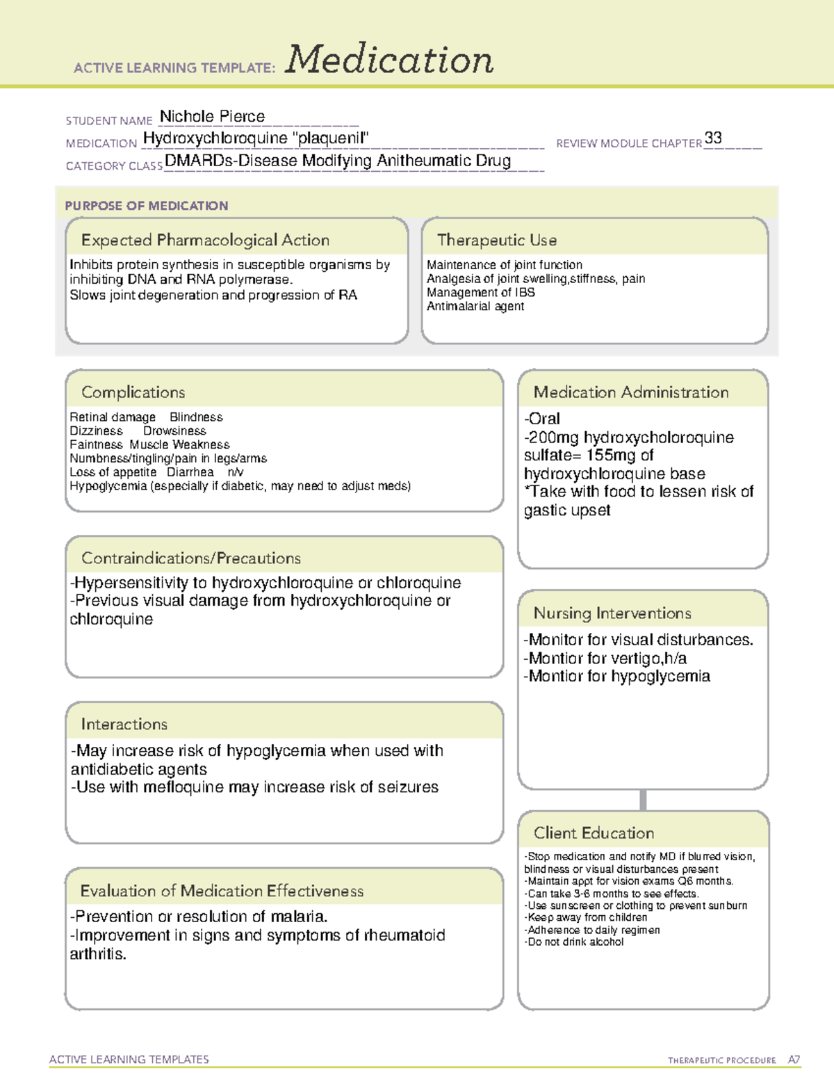 Hydroxychloroquine ATI Medication Template for Autoimmune Disorders ...
