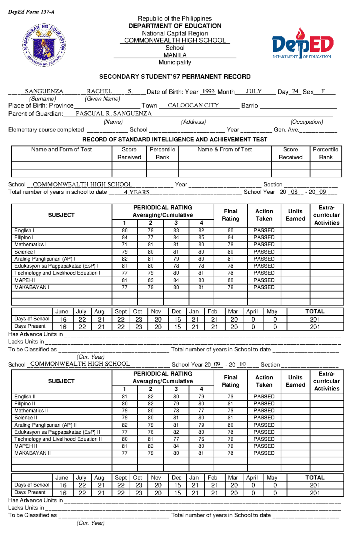 FORM 137 - Commonwealth High School Permanent Record - Studocu