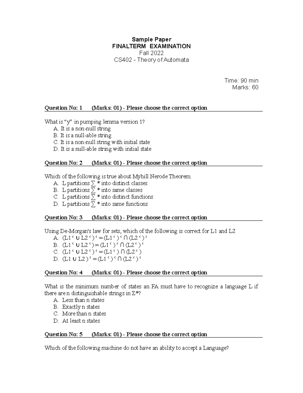 CS402 Final Term Sample Paper - Theory of Automata 2022 - Studocu