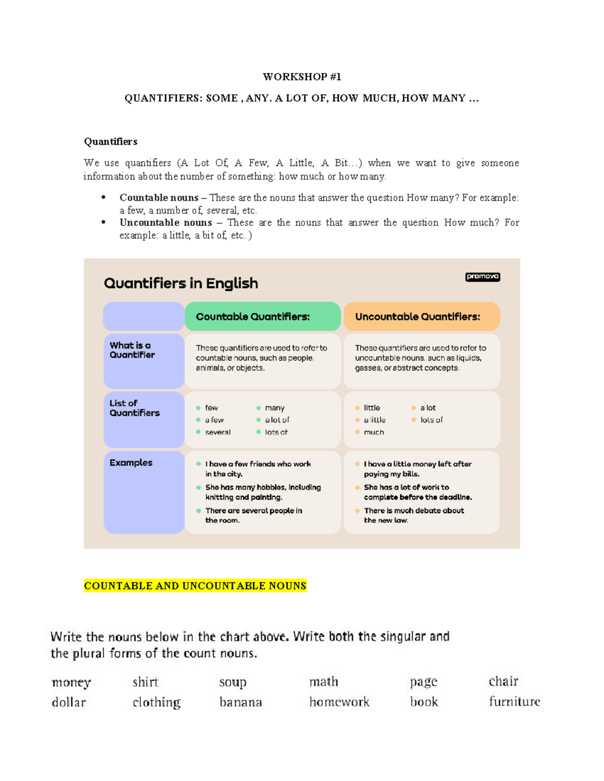 Quantifiers Workshop: Some, Any, A Lot Of - Grammar Exercises - Studocu