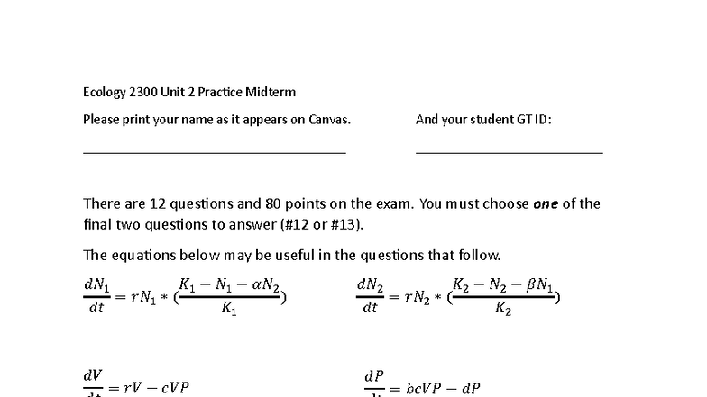 Ecology 2300 Unit 2 Practice Midterm 2 Study Guide - Studocu