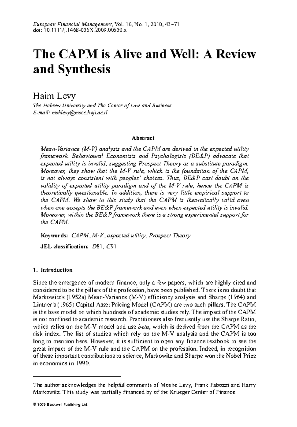 Levy2010 - ccccc - European Financial Management, Vol. 16, No. 1, 2010, 43– doi: - Studocu