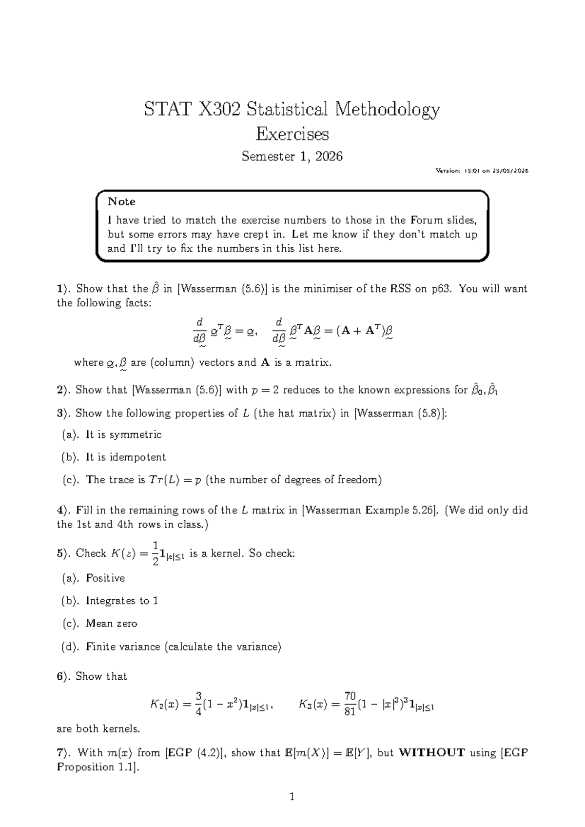 STAT X302 Statistical Methodology Exercises - Semester 1, 2026 - Studocu
