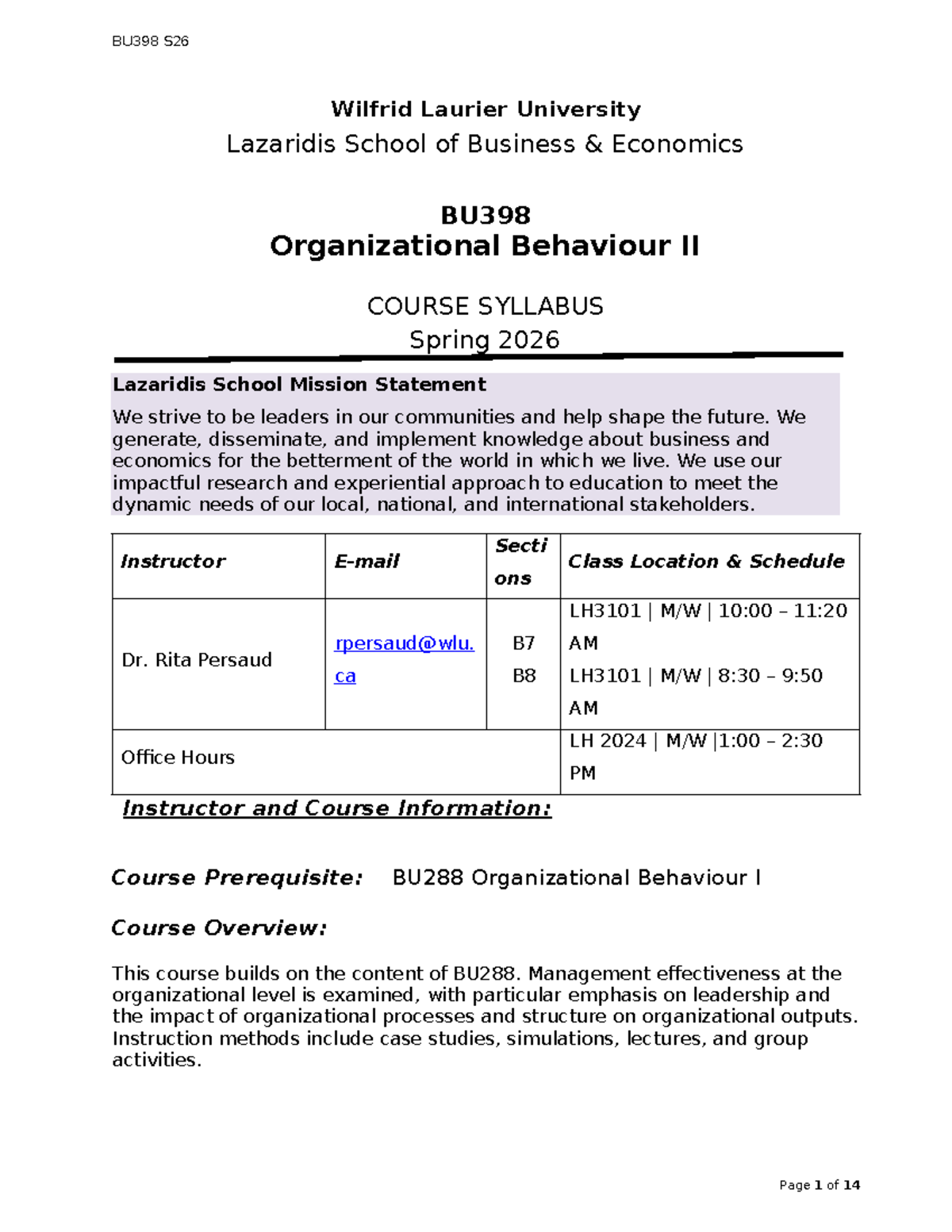 BU398 S26 Course Syllabus: Organizational Behaviour II - Spring 2026 ...