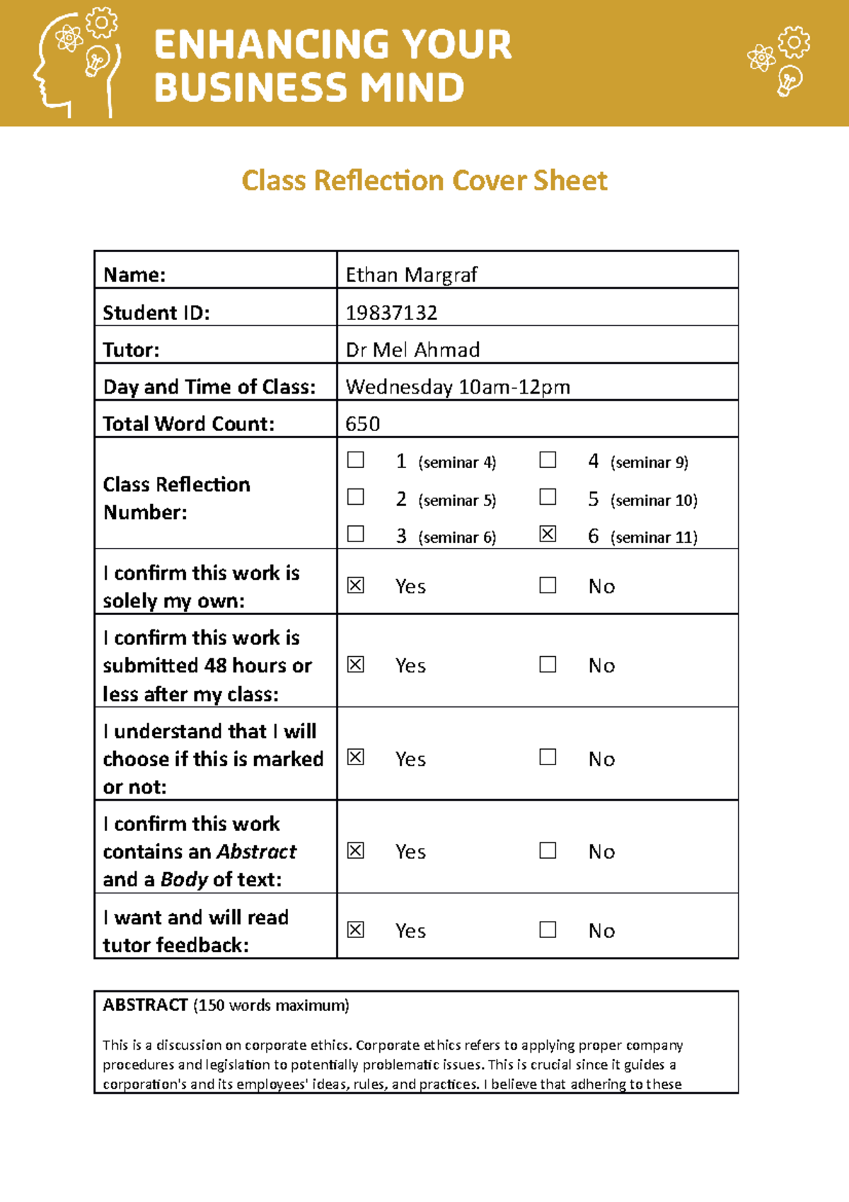 EYBM Class Reflections 11 - Ethan - Class Reflection Cover Sheet Name ...
