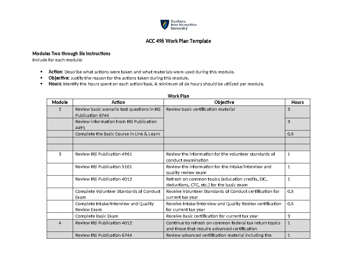 Assignment Six - Final work plan - ACC 496 Work Plan Template Modules Two through Six ...