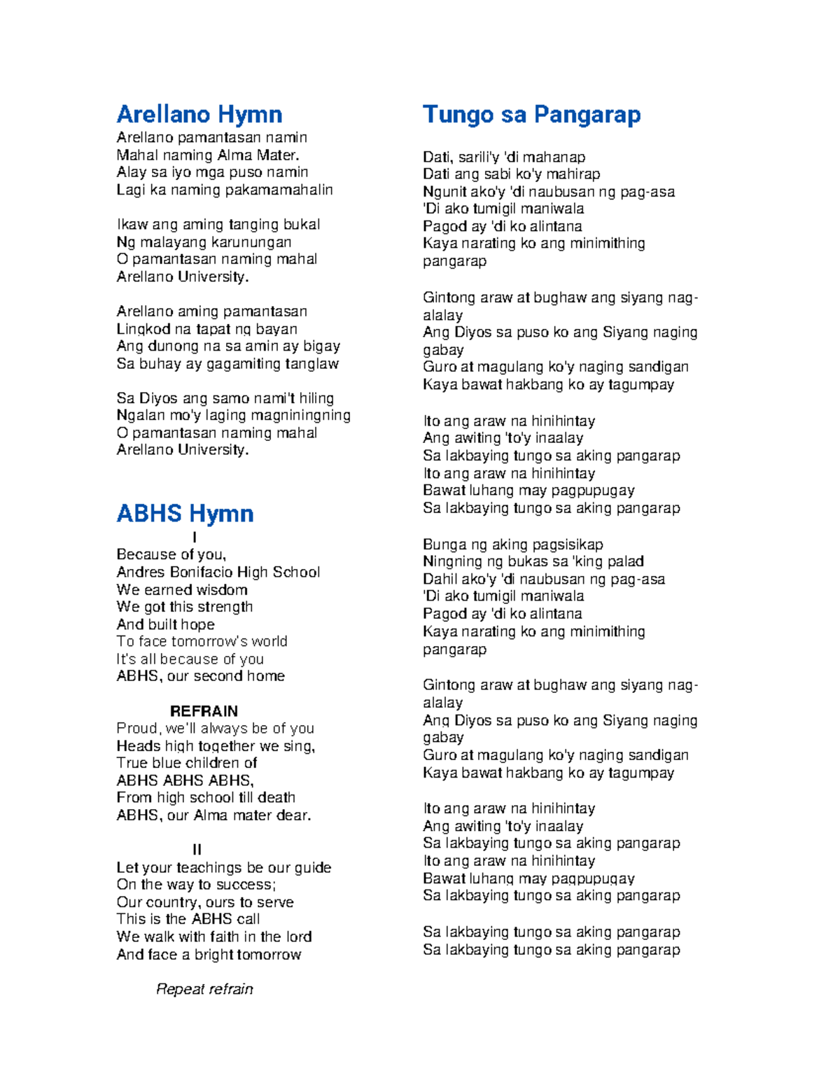 Arellano University & ABHS Hymns for GRAD Practice - Studocu