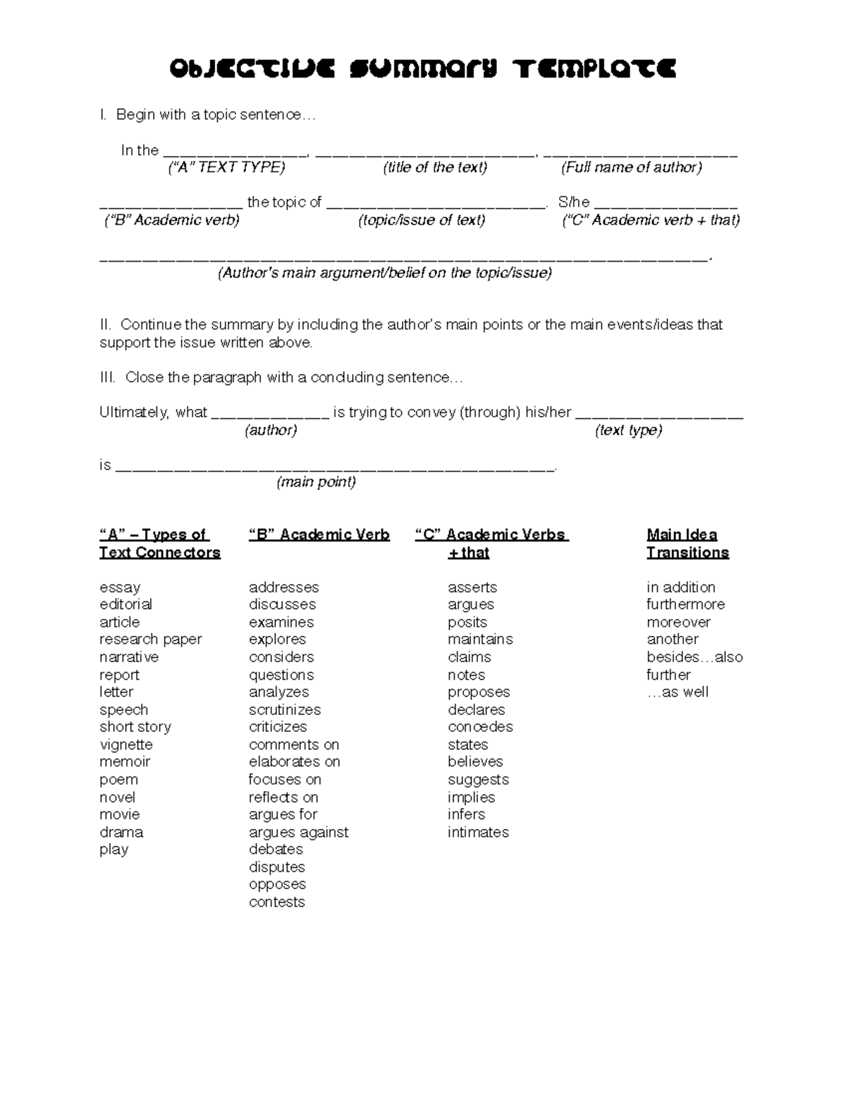 Objective Summary Template for Textual Analysis - Studocu