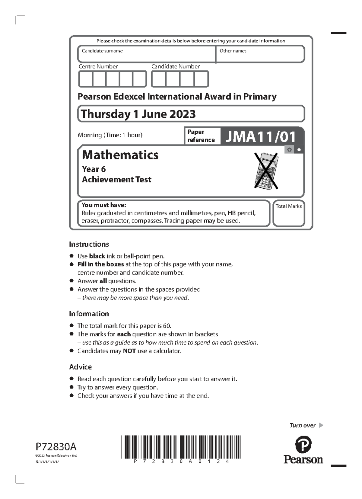 Mathematics Paper - Year 6 Achievement (JMA11-01) - Exam Details - Studocu