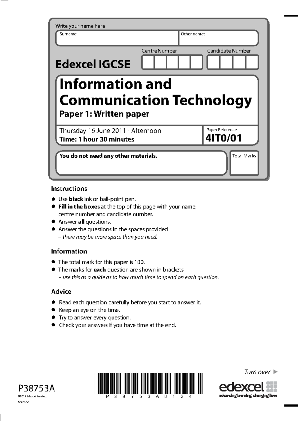 Edexcel IGCSE ICT Paper 1: June 2011 Question Paper - Studocu