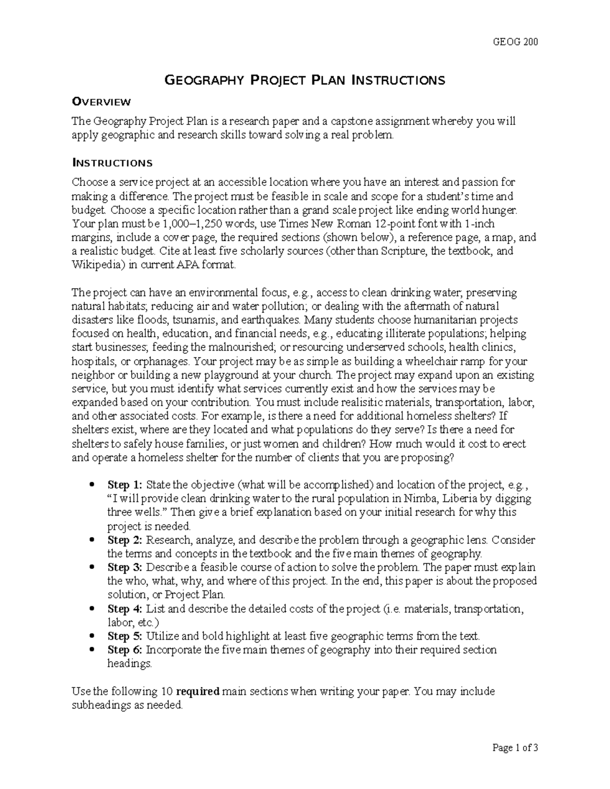 Geography Project Plan Assignment Instructions - GEOG 200 GEOGRAPHY ...