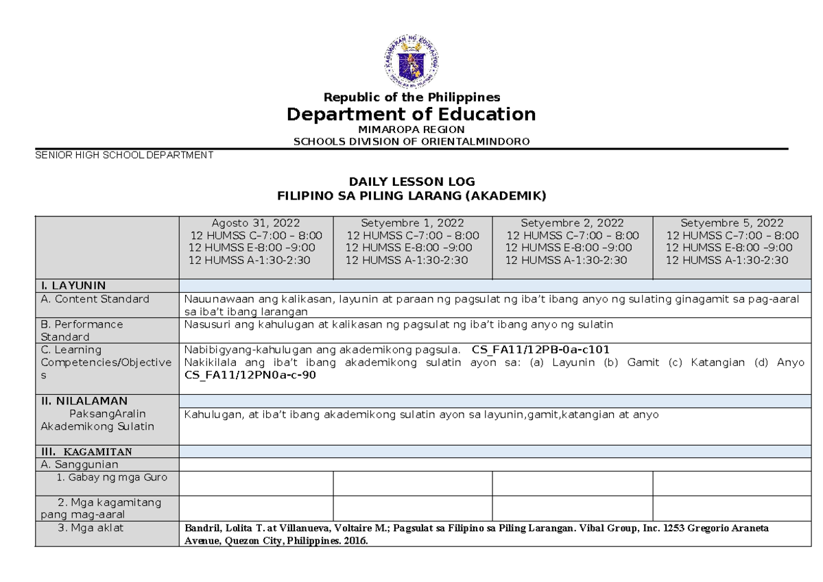 Daily Lesson Log: Filipino sa Piling Larang (12 HUMSS) - Week 1 - Studocu