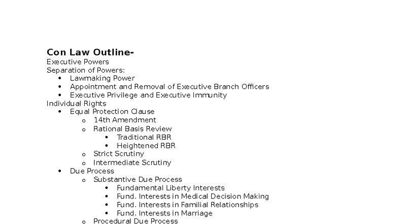 Con Law Outline V1: Executive Powers & Individual Rights Analysis - Studocu