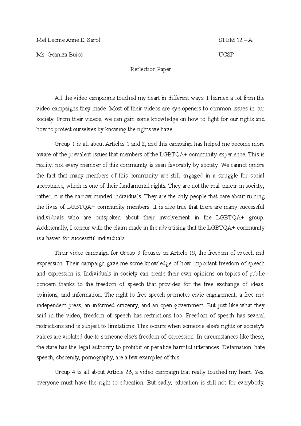 UCSP-Reflection Paper on Social Issues and Rights Awareness - Studocu