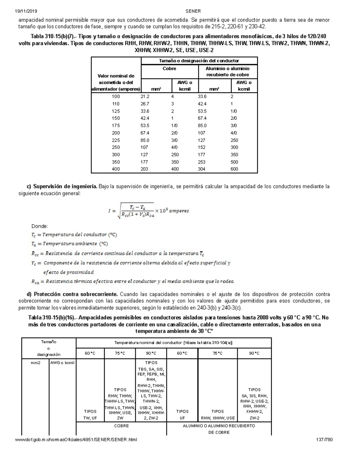NOM Tablas para Ampacidad de Conductores y Acometidas - Studocu