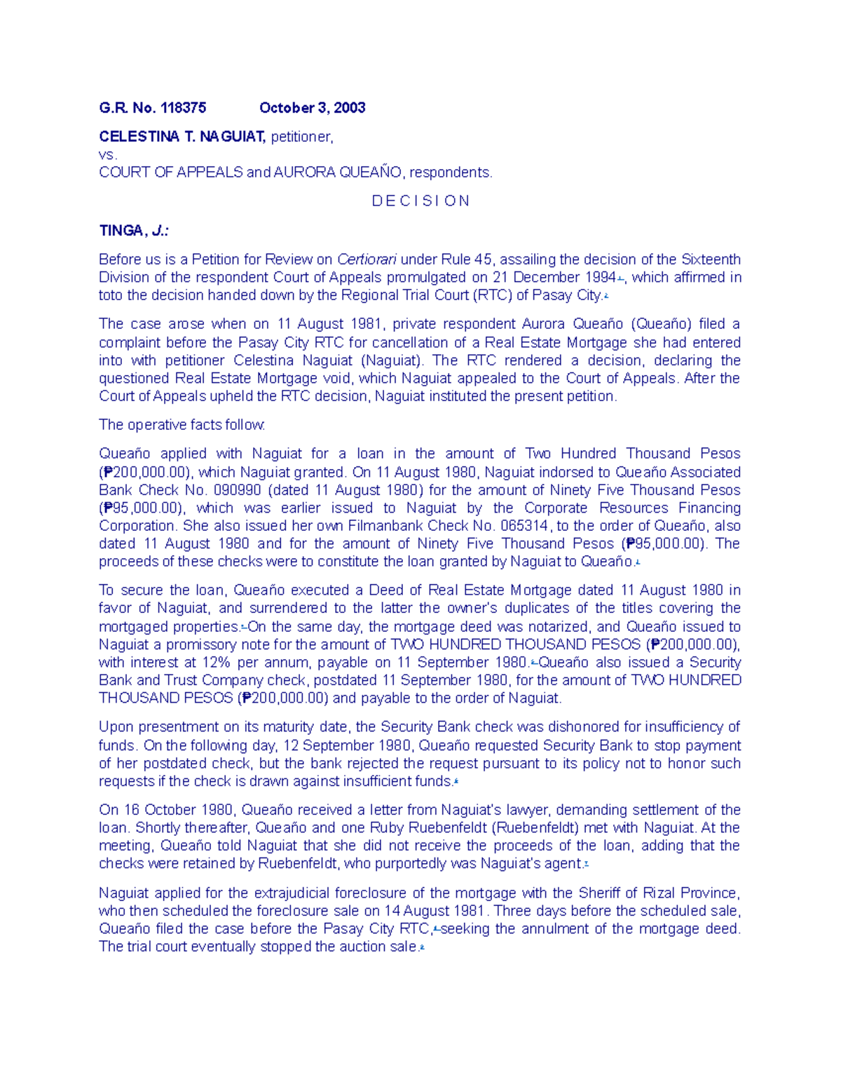 Naguiat v. Court of Appeals: Case Review and Key Legal Insights - Studocu