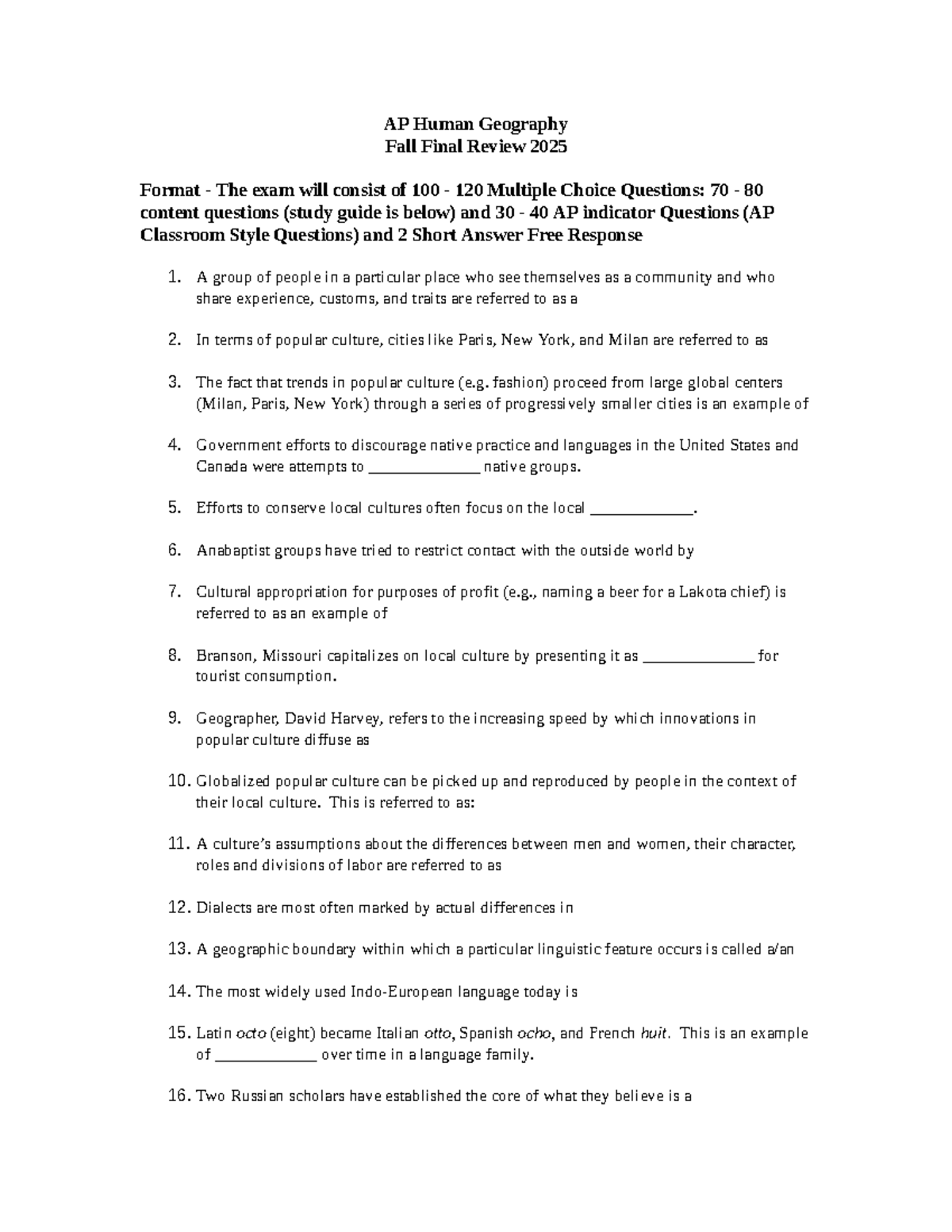 APHG Fall Final Exam Review Study Guide 2025 - Studocu