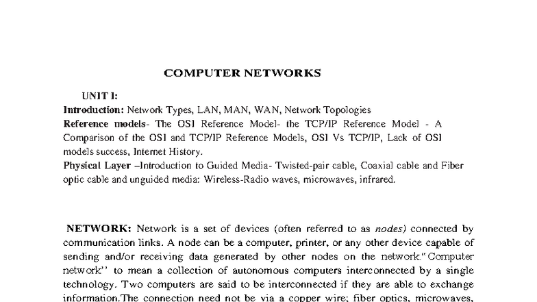 COMP 101: Computer Networks Unit I - Overview of Network Types and ...