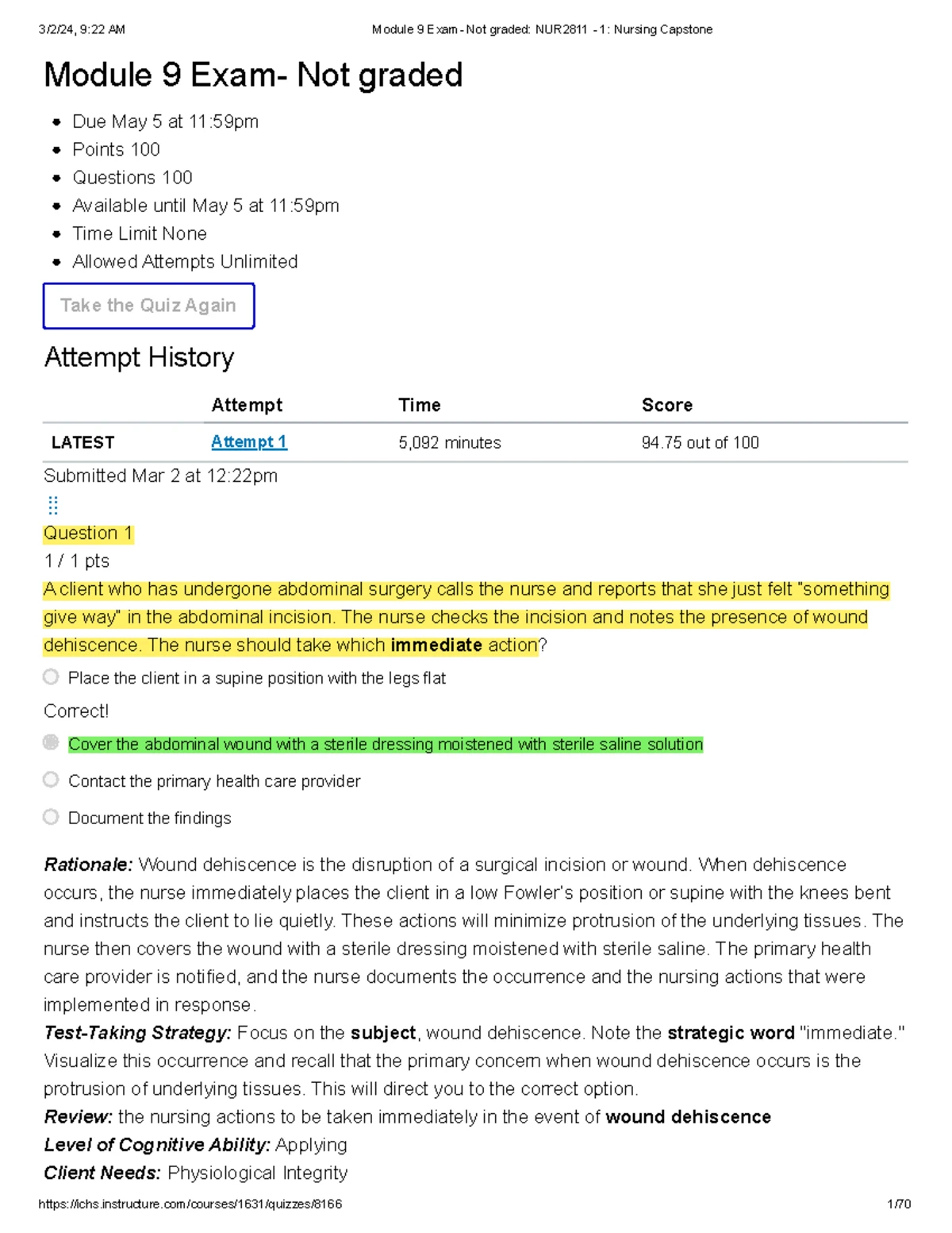 Capstone Module 9 Exam - Non-Graded Nursing Scenarios and Actions - Studocu