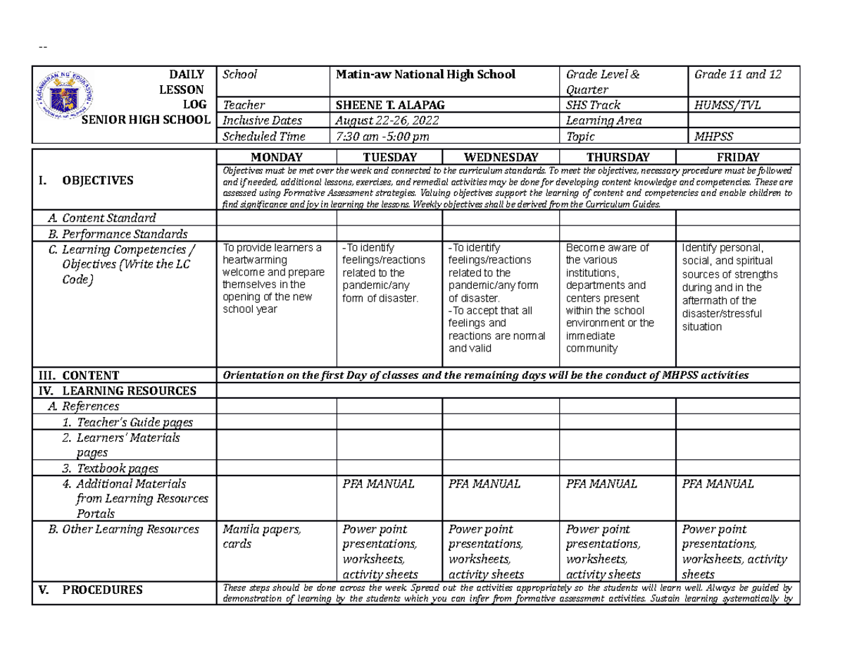 1 SHS Daily Lesson LOG DLL Template By - DAILY LESSON LOG SENIOR HIGH SCHOOL School Matin-aw ...