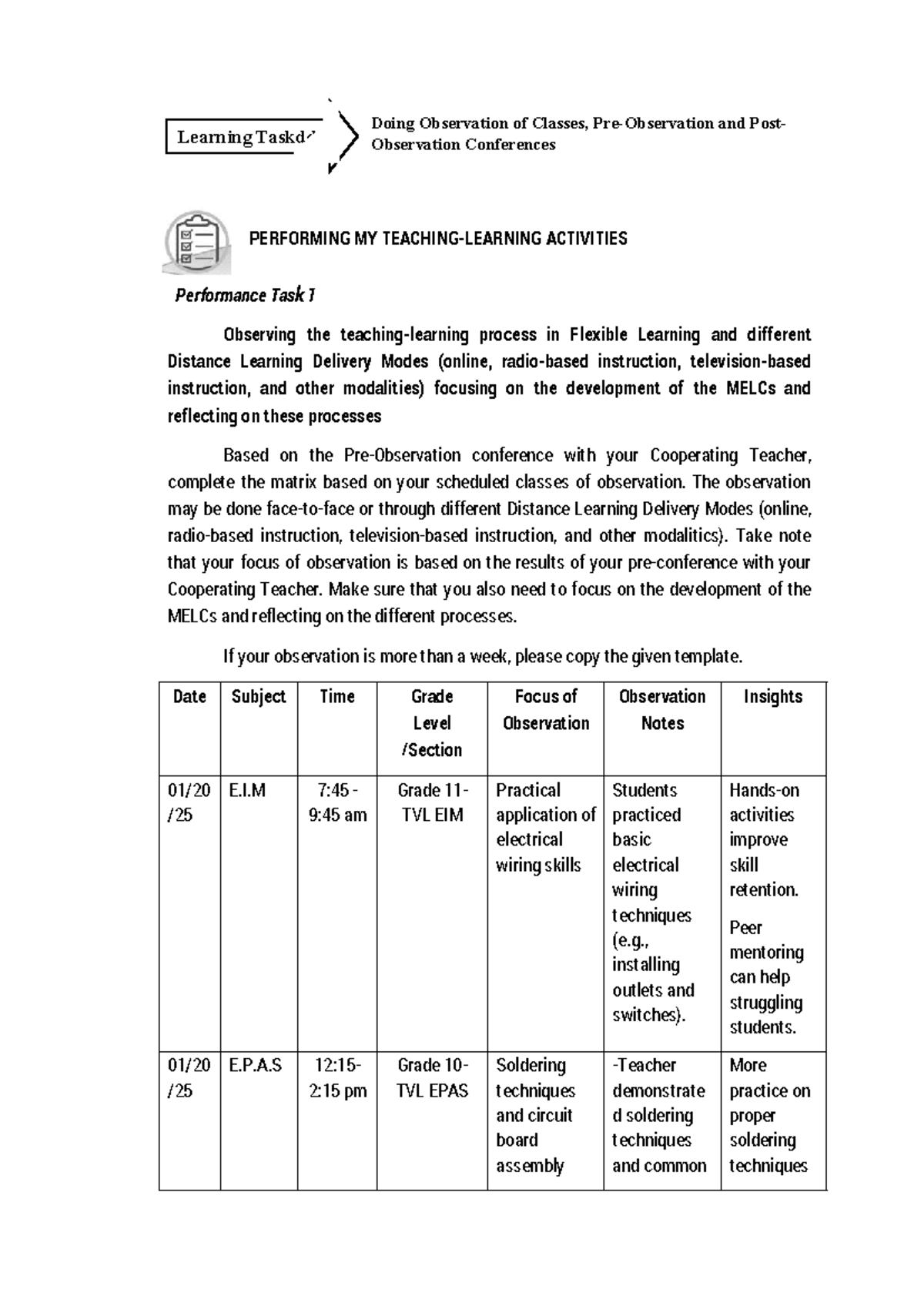 LT2 Wapanahuman - Performance Tasks in Flexible Learning Modes - Studocu