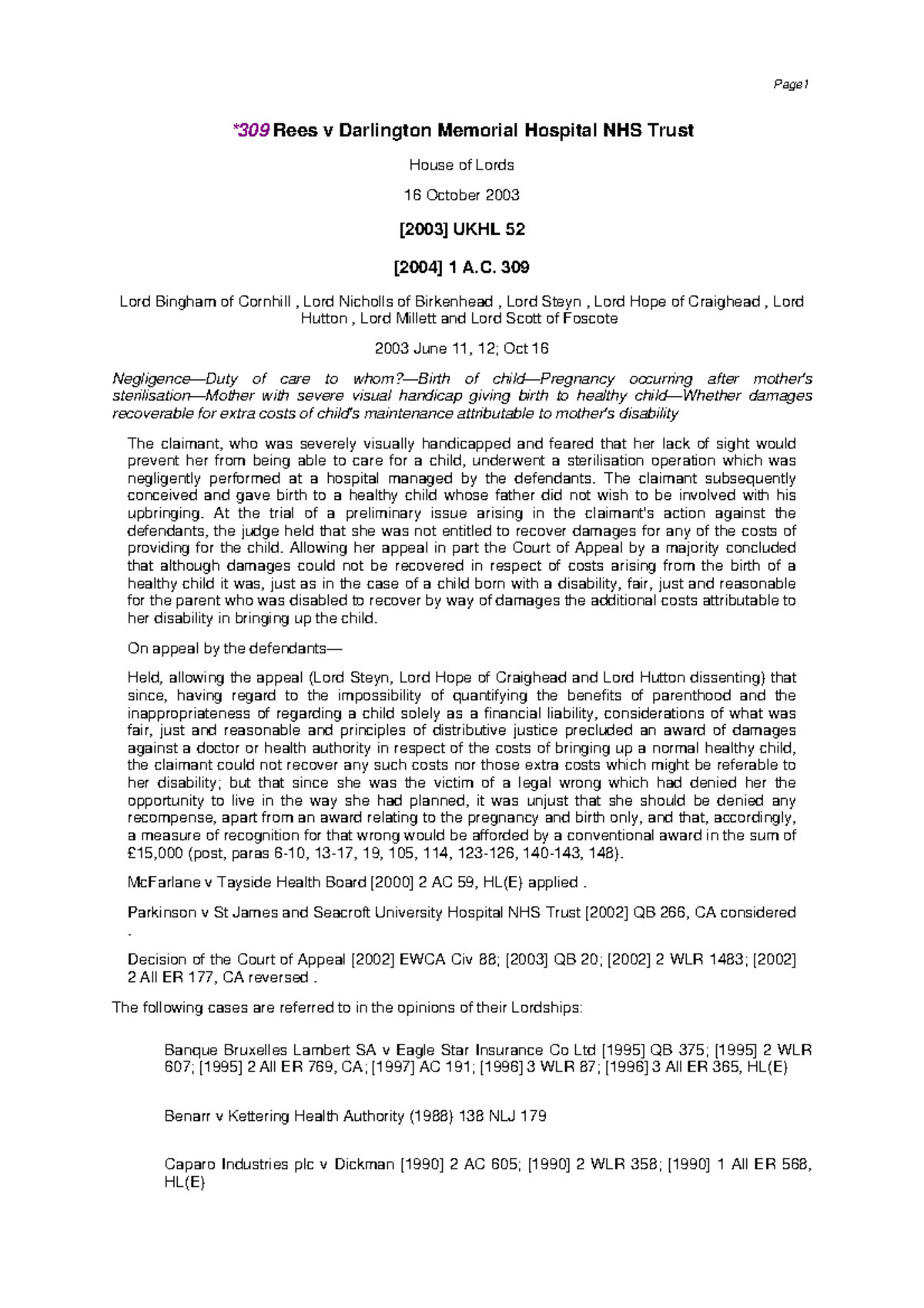 Rees v Darlington - 309 Lord Bingham of Cornhill , Lord Nicholls of ...