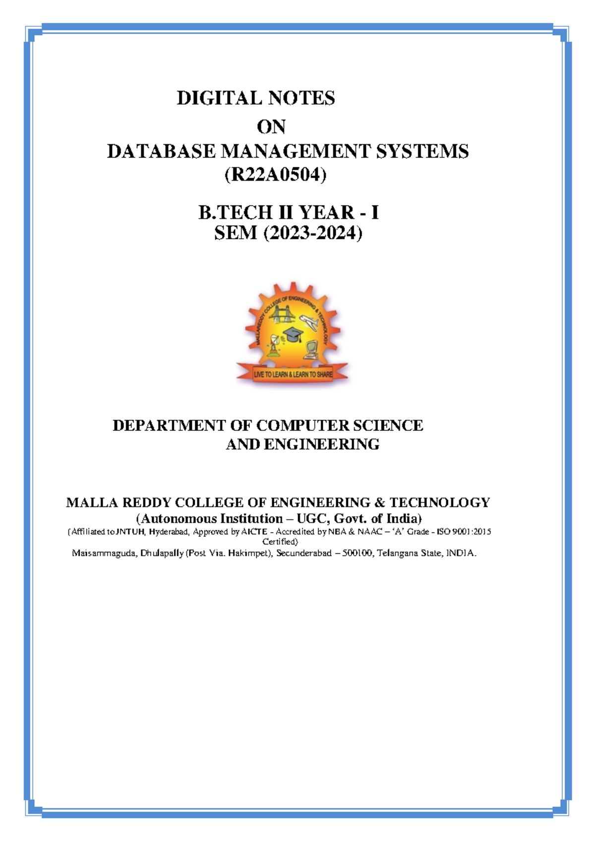 DBMS Overview & Concepts (R22A0504) - B.Tech II Year 1 Sem Notes - Studocu