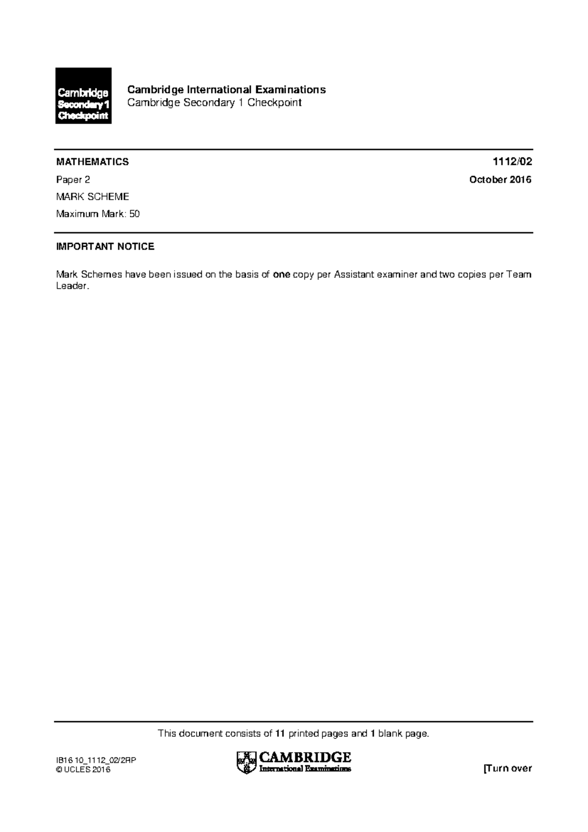 Cambridge Secondary 1 Checkpoint Mathematics Paper 2 Mark Scheme (Oct ...