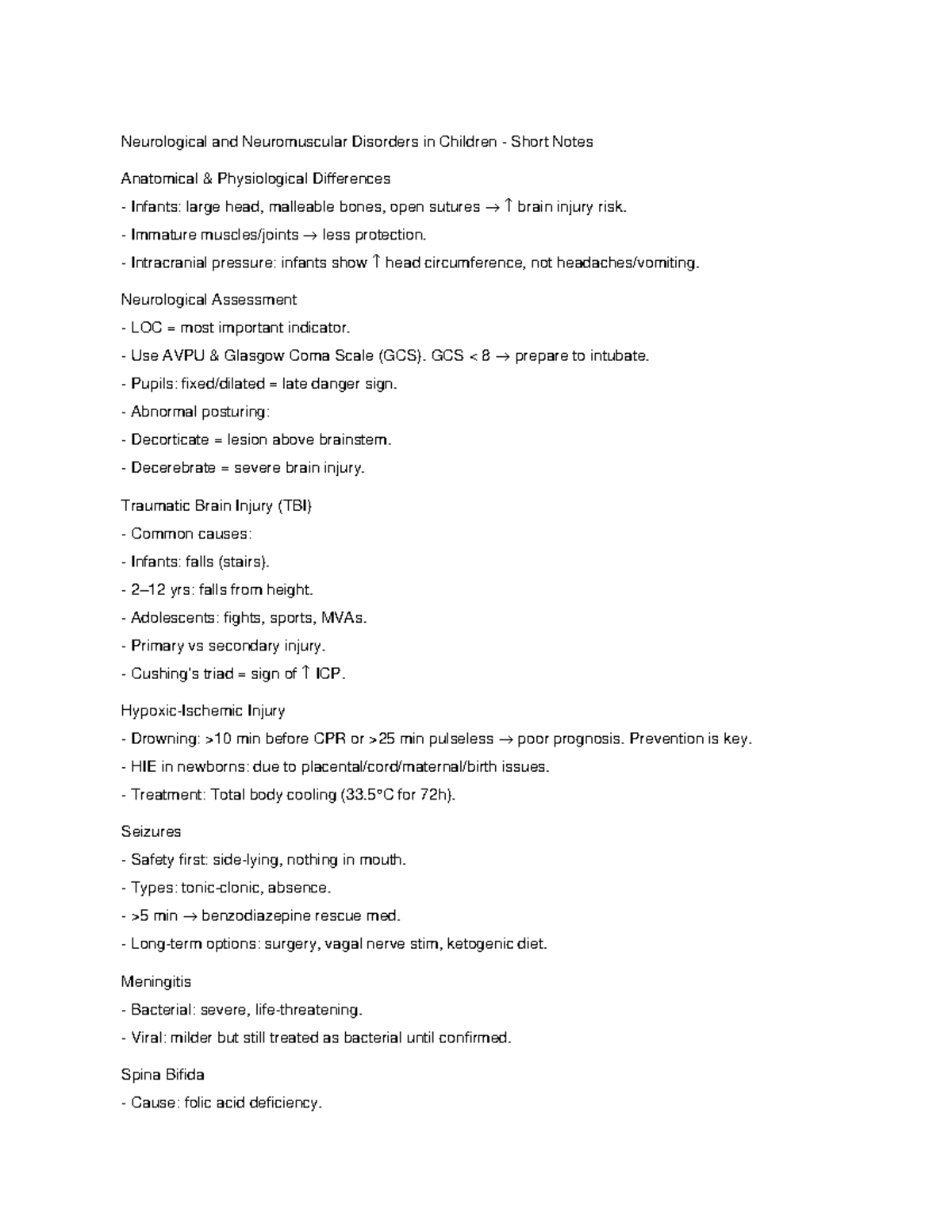 Neurological and Neuromuscular Disorders in Children: Short Notes - Studocu
