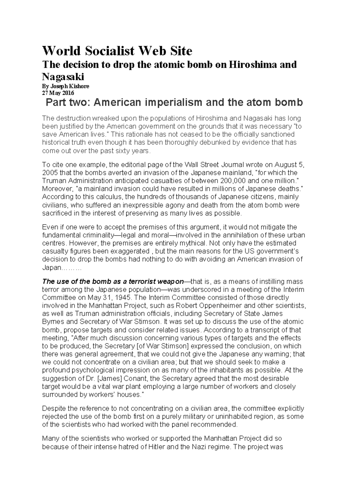 The Decision to Drop the Atomic Bomb: Analyzing American Imperialism ...