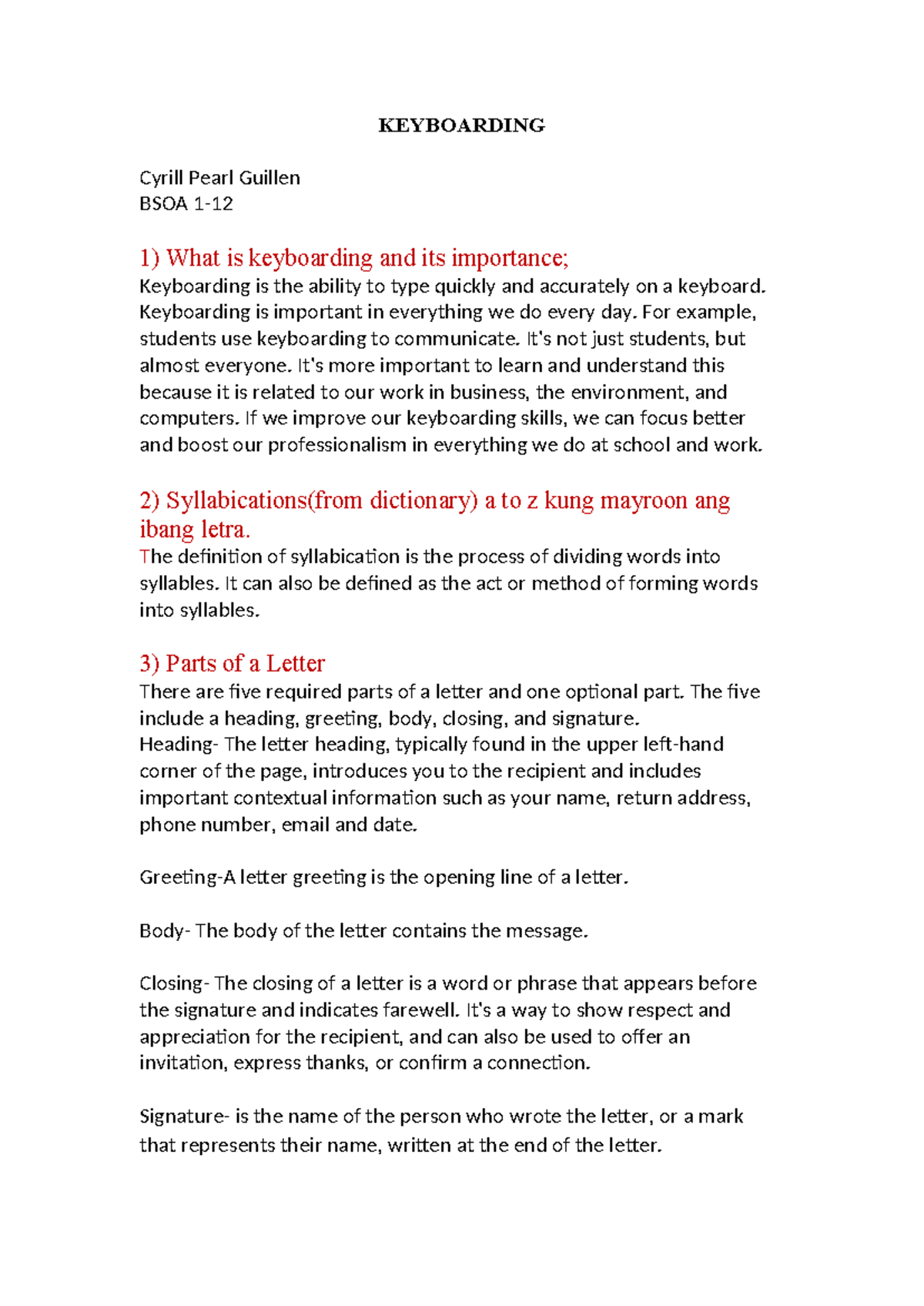 BSOA 1 - Keyboarding Notes: Importance, Syllabication & Letter Parts ...