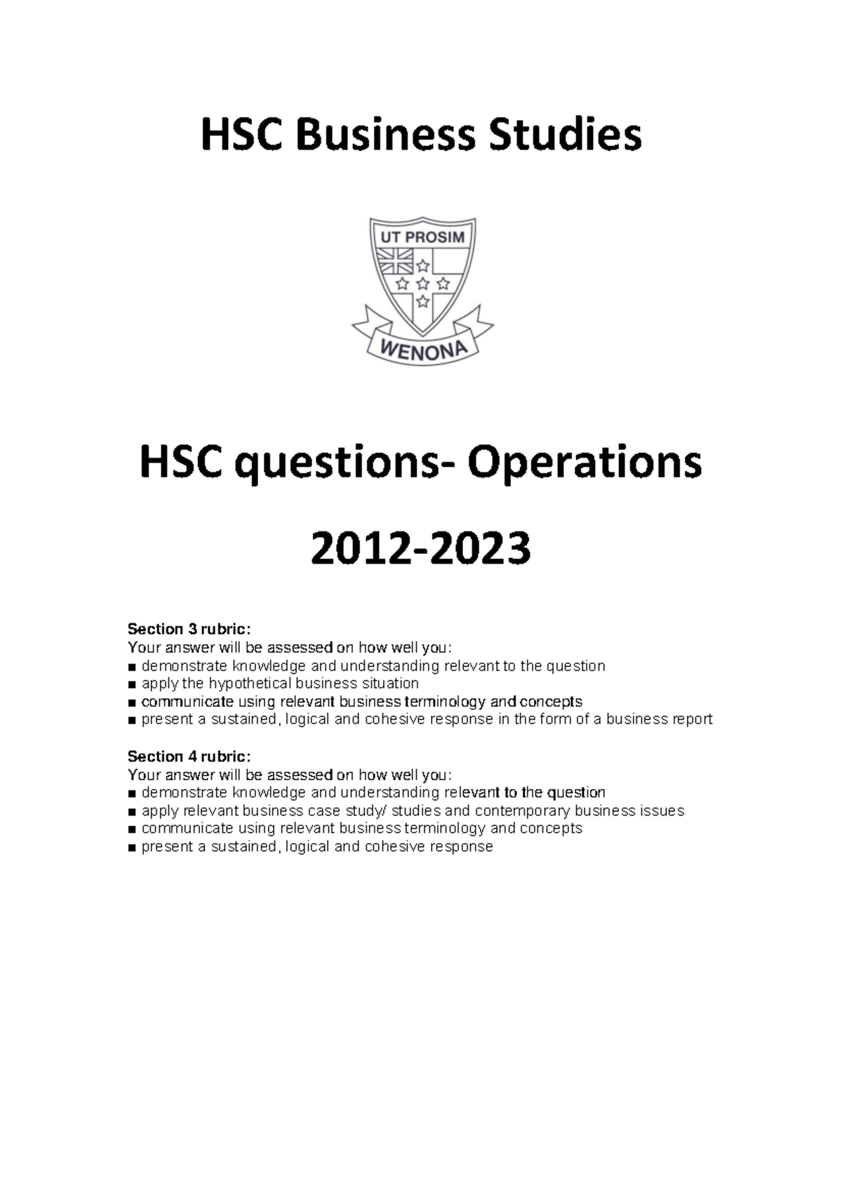 HSC Business Studies: Operations Questions 2012-2023 - Studocu