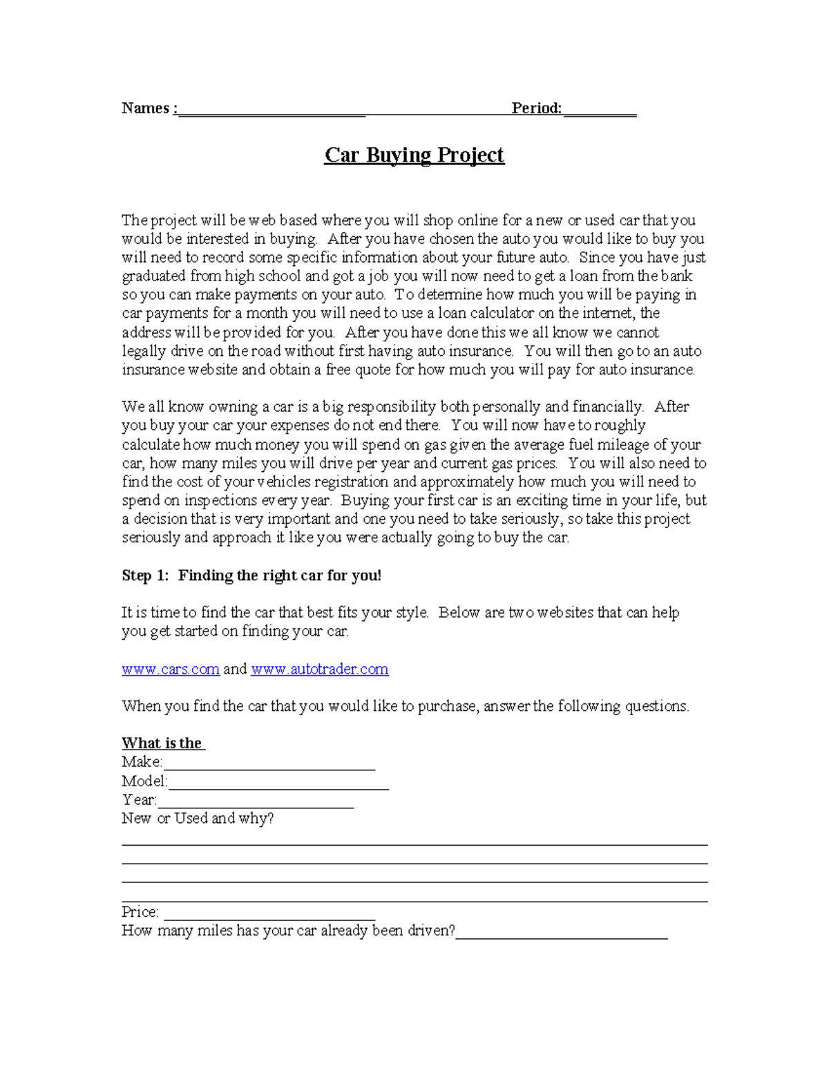 Car Buying Project - Detailed Financial Plan for Auto (Course Code: CBP ...