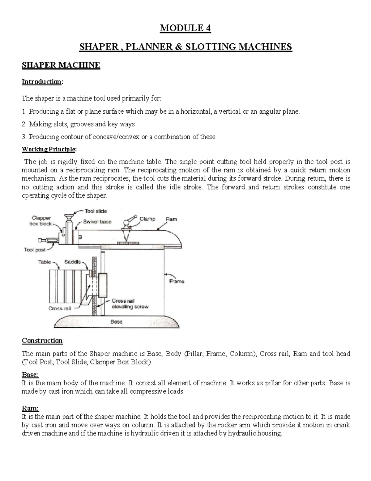 MODULE 4: SHAPER & PLANNER MACHINES - Overview and Mechanisms - Studocu