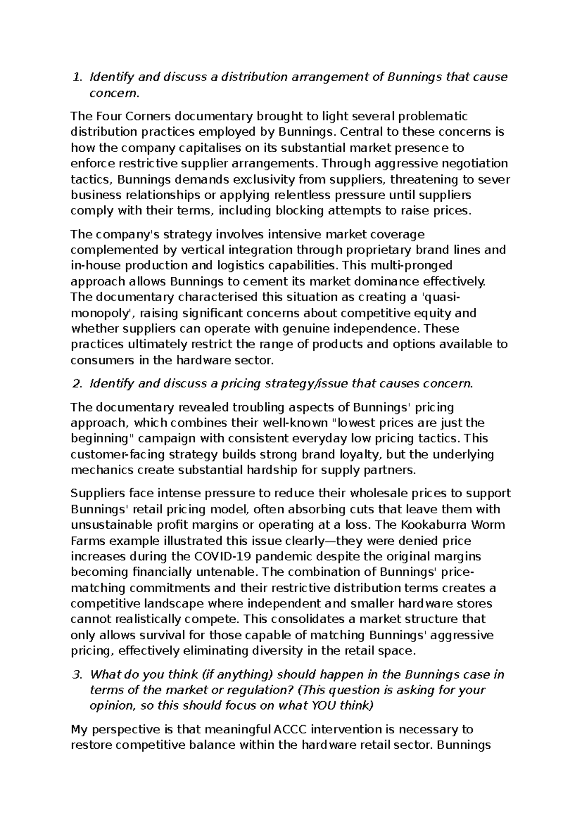 MKTG1501 Task 5 - Bunnings Distribution & Pricing Concerns Analysis ...