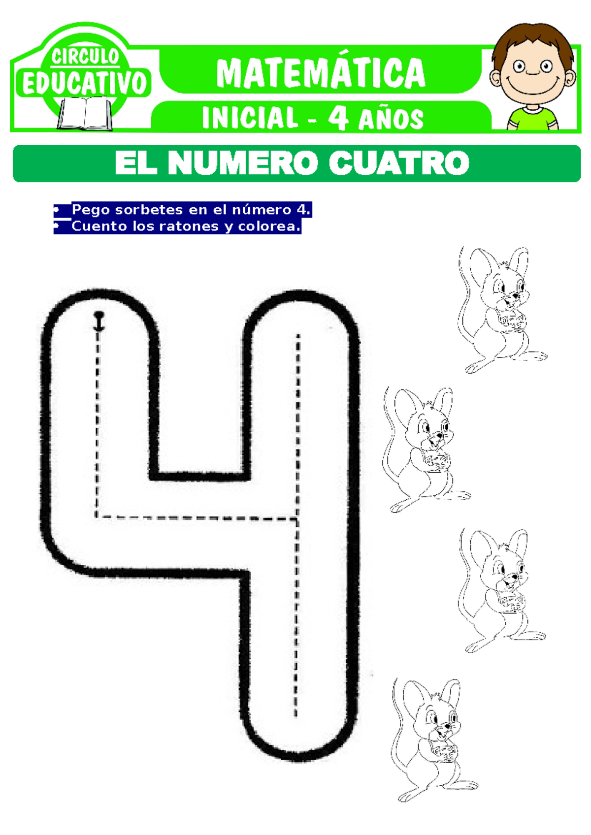 El Numero Cuatro para Ninos de Cuatro Anos - matematica - Pego sorbetes ...