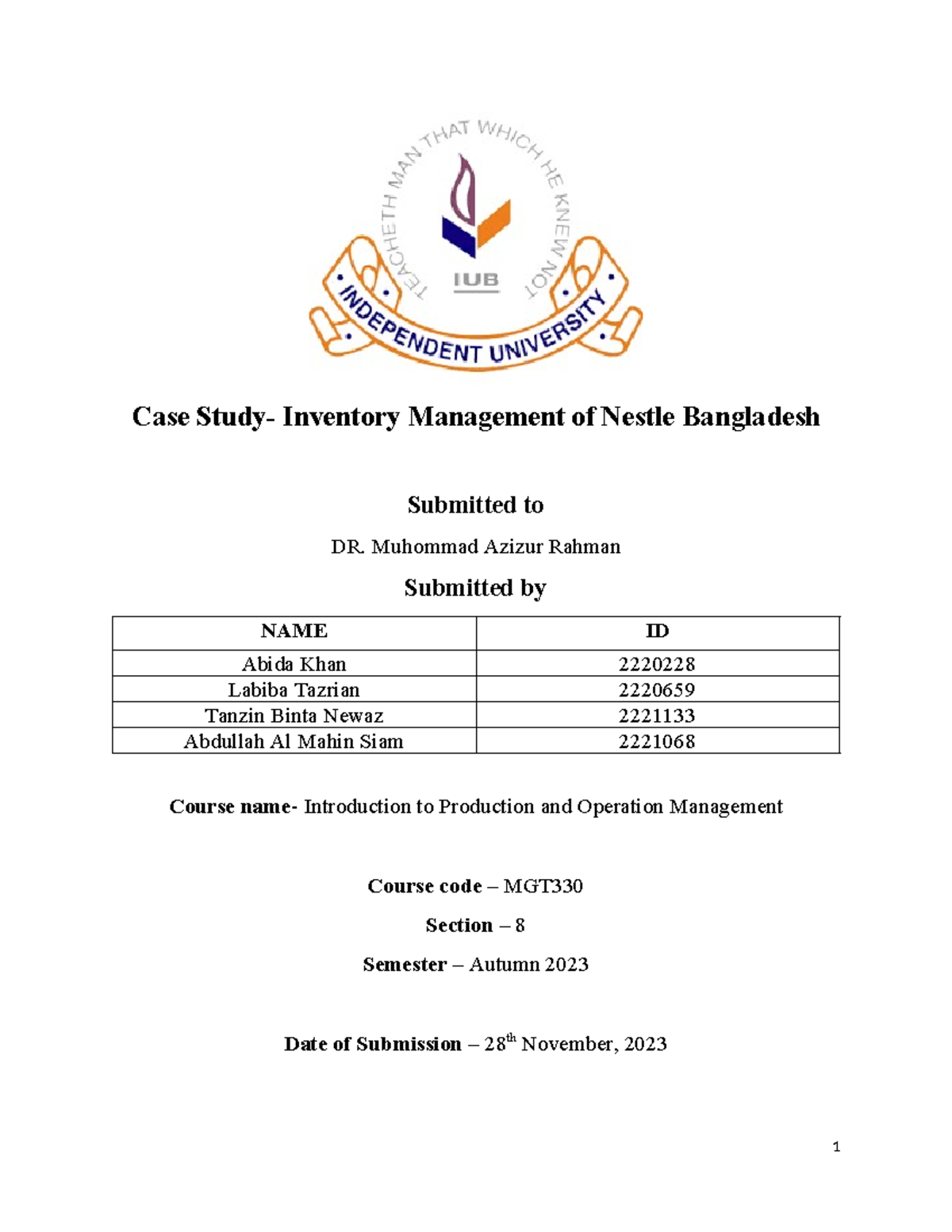 MGT330 - Case Study on Inventory Management at Nestle Bangladesh - Studocu