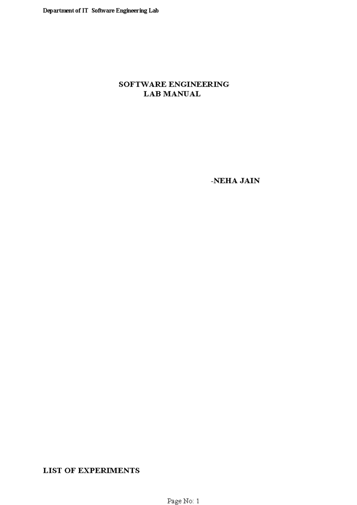 SE LAB Manual Final - SOFTWARE ENGINEERING LAB MANUAL -NEHA JAIN LIST OF EXPERIMENTS EXP NO ...