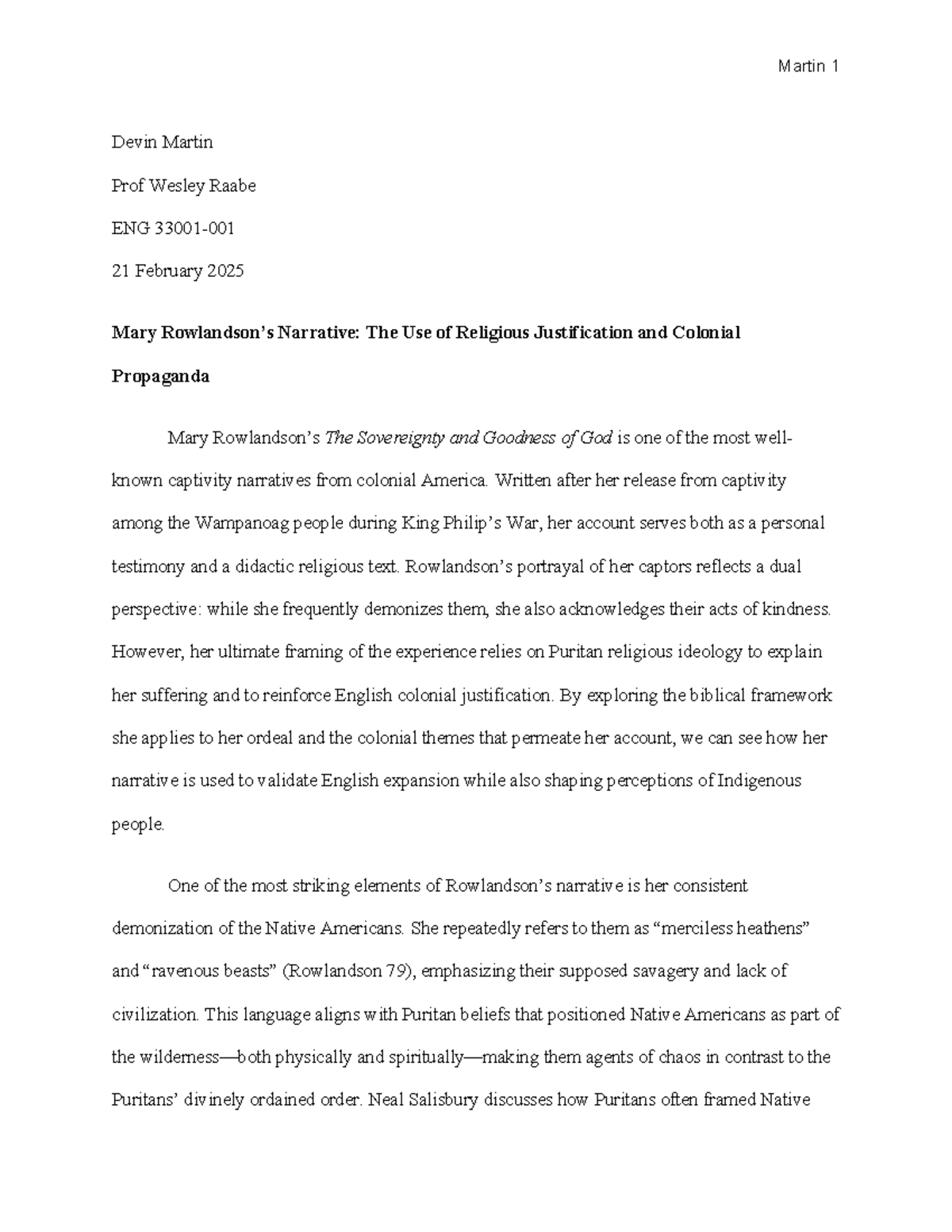 ENG 21 Final Draft: Analyzing Mary Rowlandson's Captivity Narrative ...
