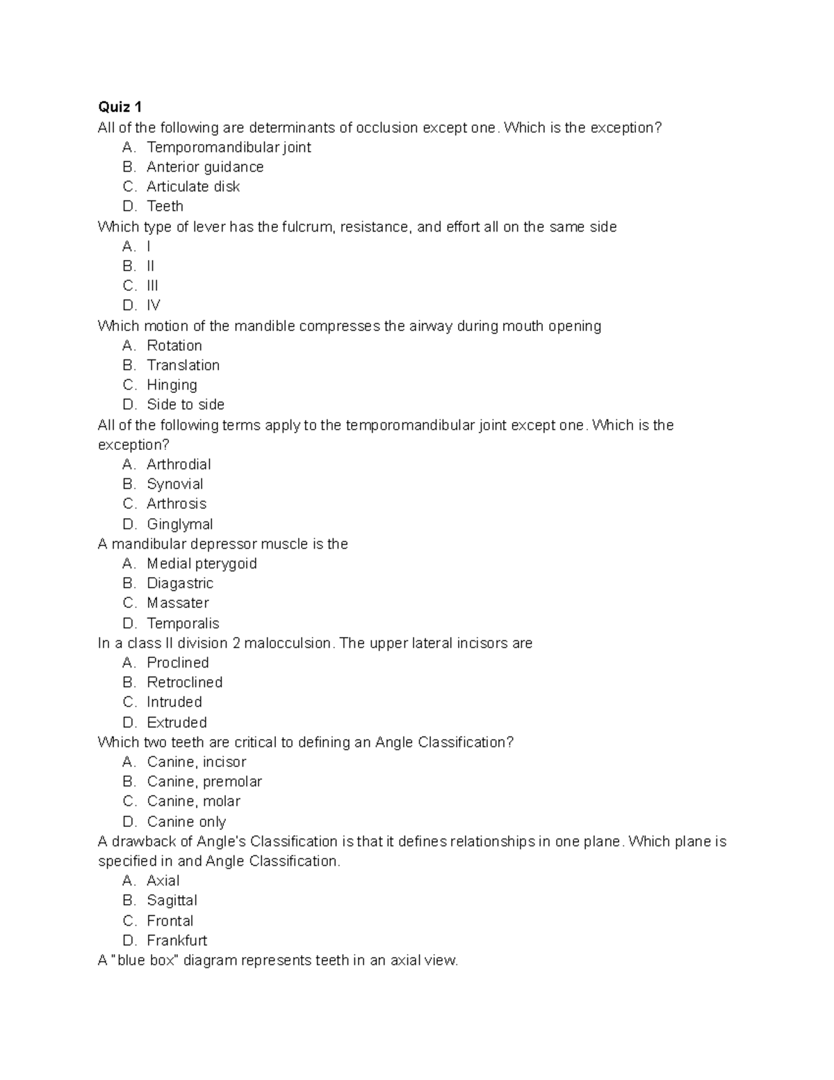 Quiz 1-10: Comprehensive Occlusion Practice Questions - Studocu