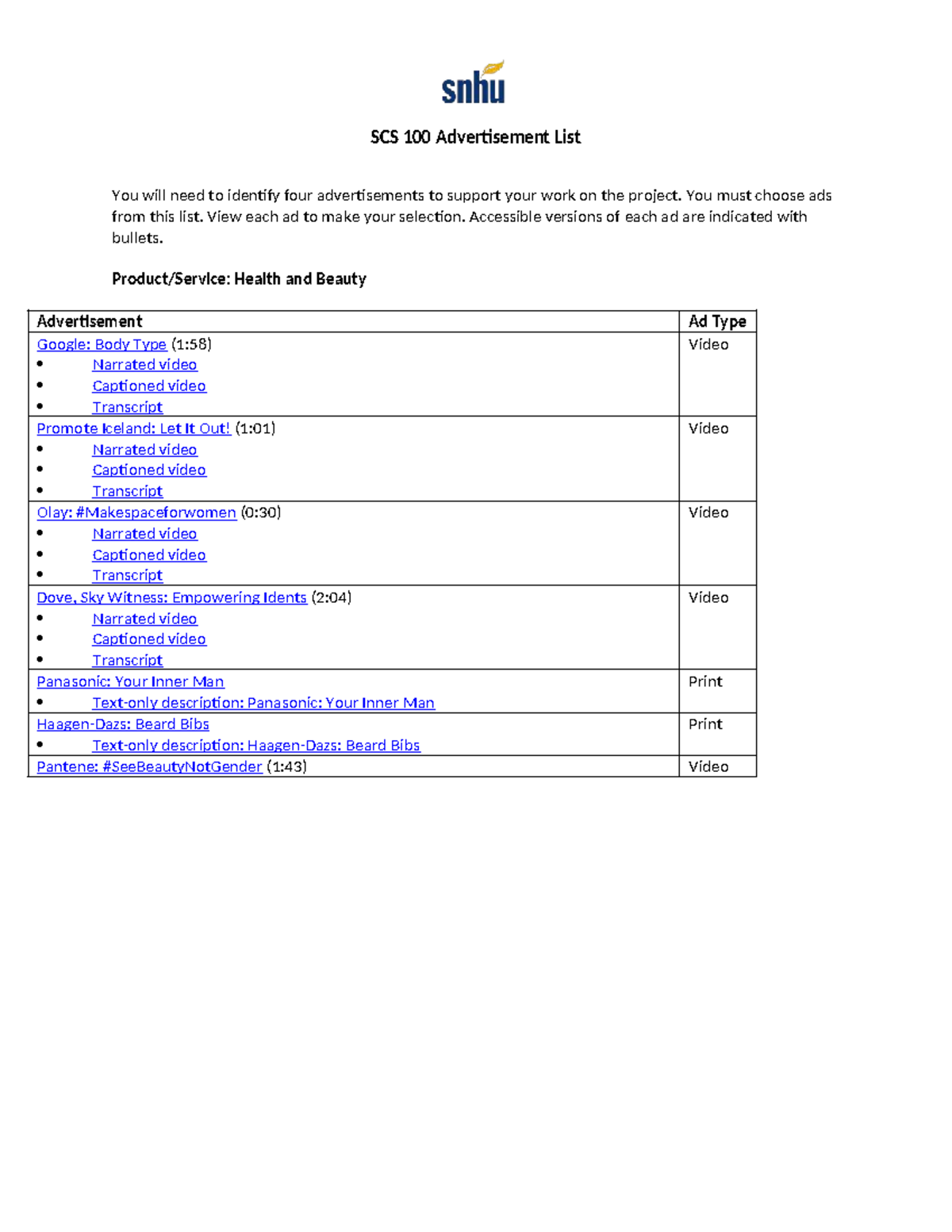 SCS 100 Project: Selected Advertisements for Analysis - Studocu