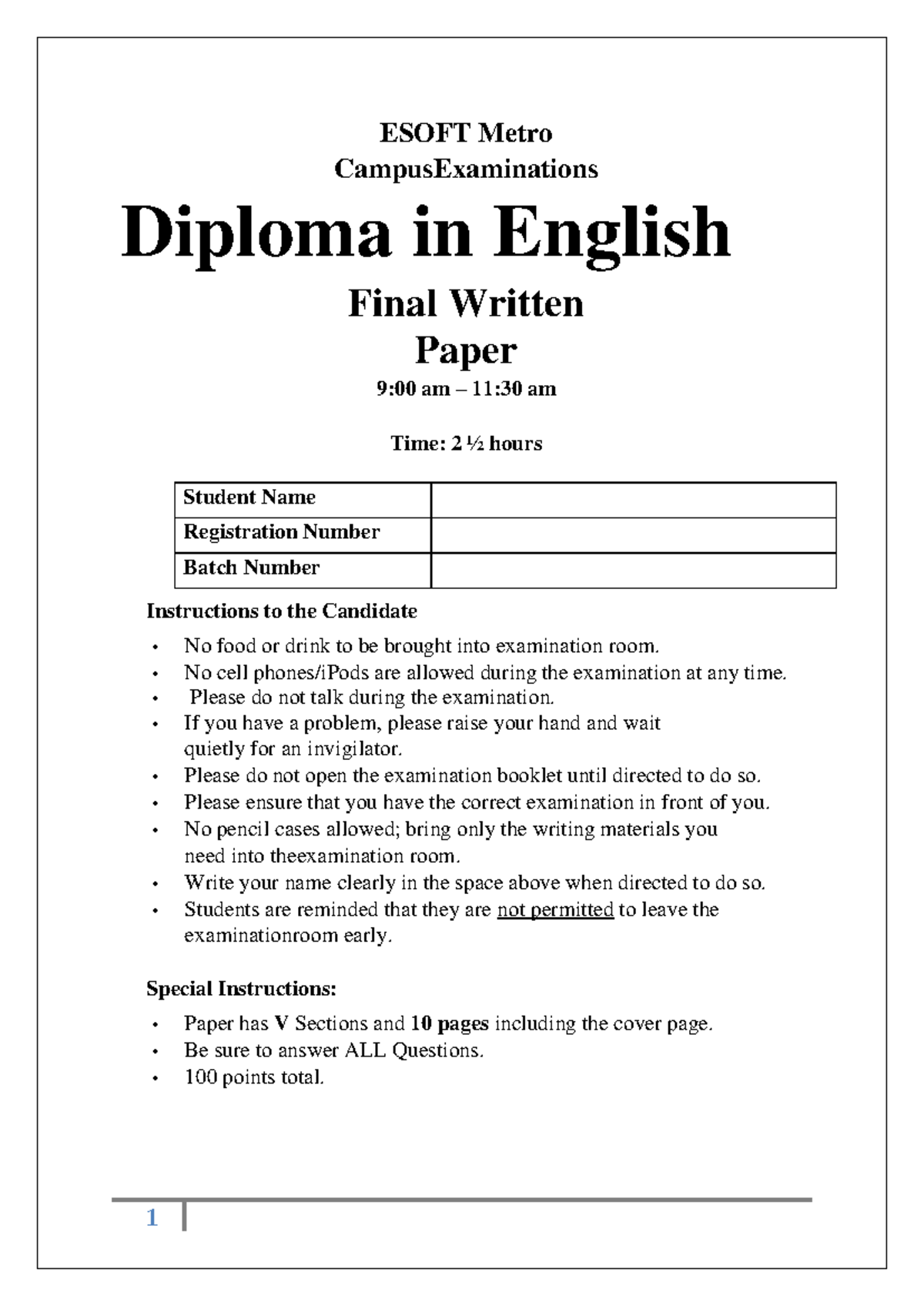 ESOFT Metro Campus - Diploma in English Final Exam Paper Guide - Studocu