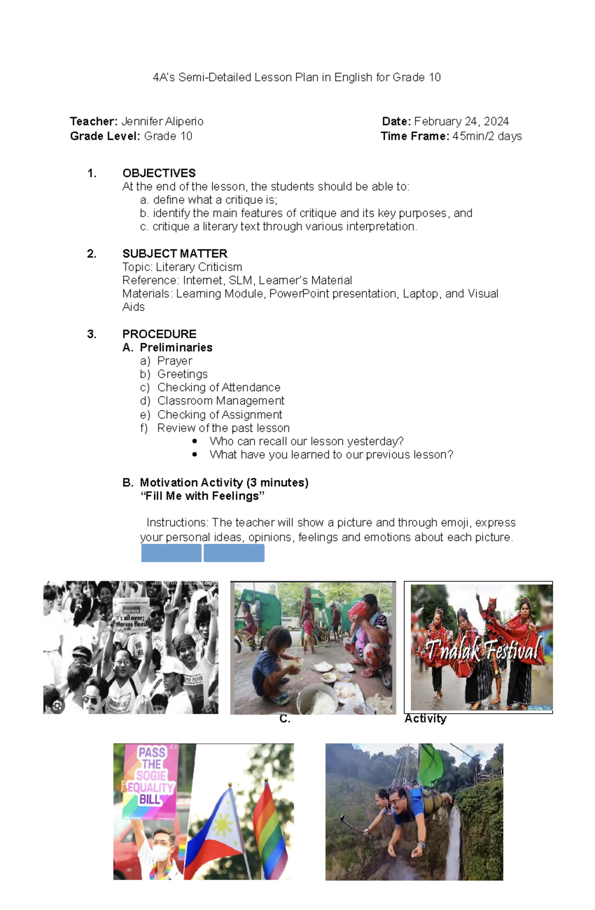 Grade 10 English Lesson Plan: Exploring Literary Criticism - Studocu