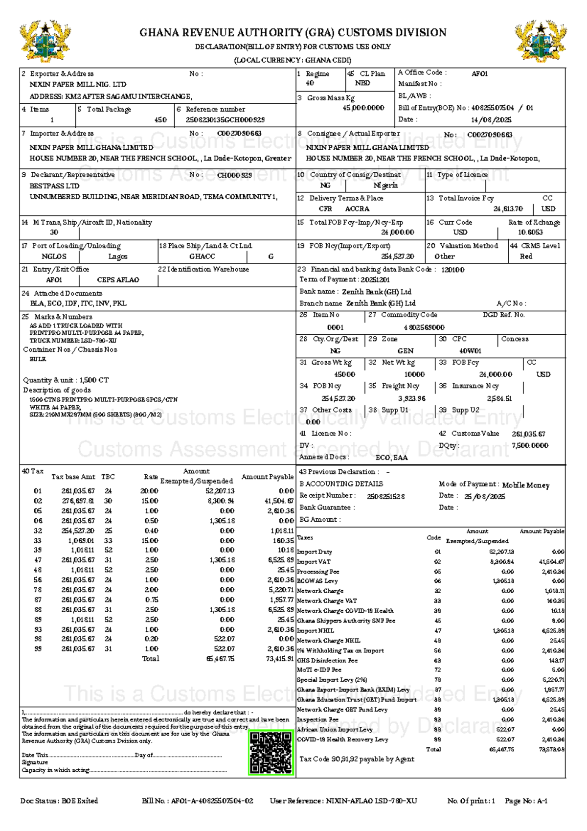 GRA Customs Bill of Entry for Nixin Paper Mill (AFO1) - Studocu