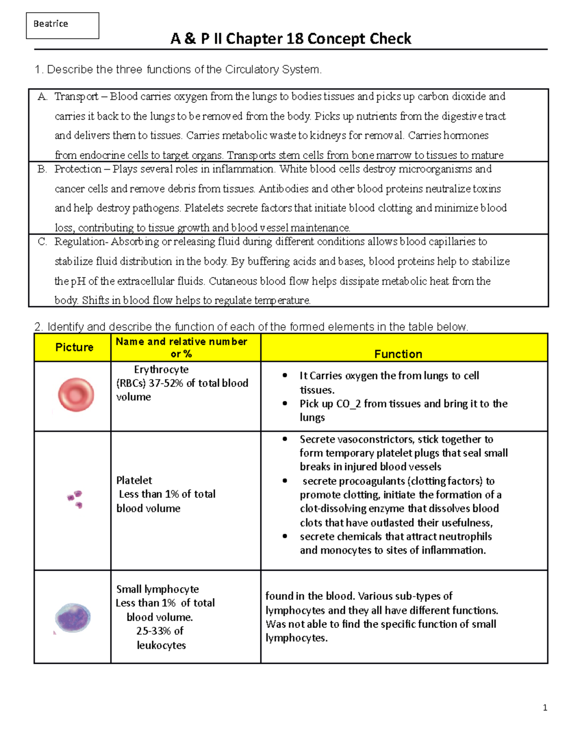 A & P II Chapter 18 Concept Check - Circulatory System Functions ...