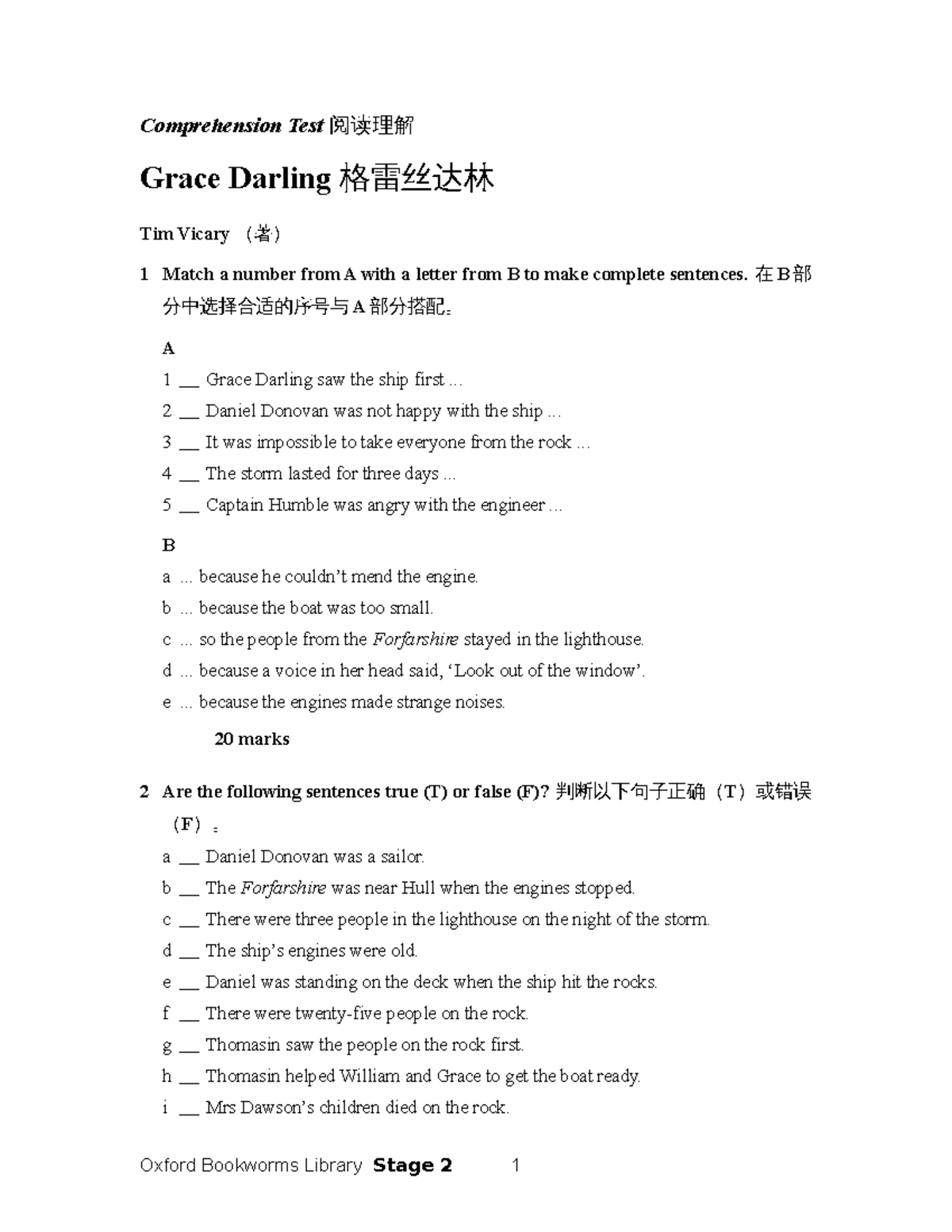 Grace Darling - Comprehension Test (Read & Answer) - Studocu