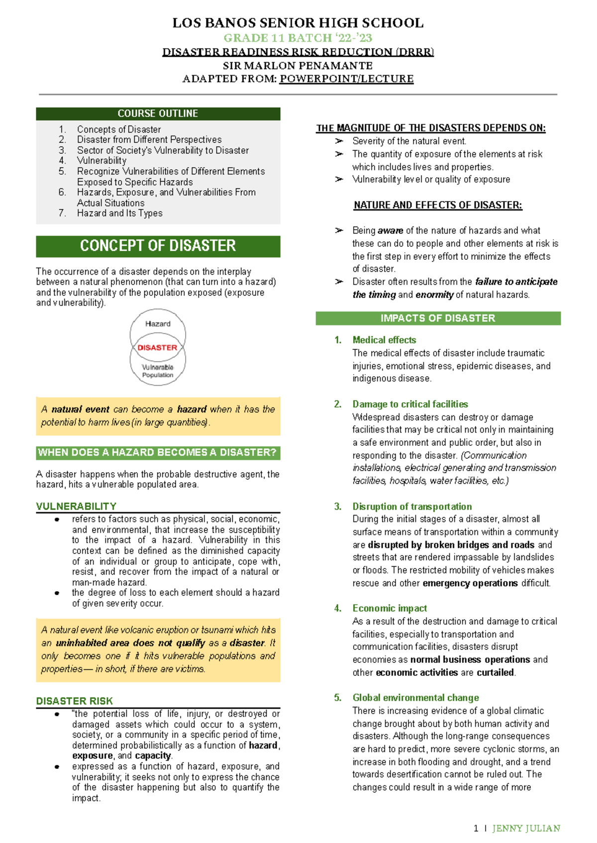 Grade 11 DRRR Lecture Notes: Understanding Disaster Risk Reduction ...