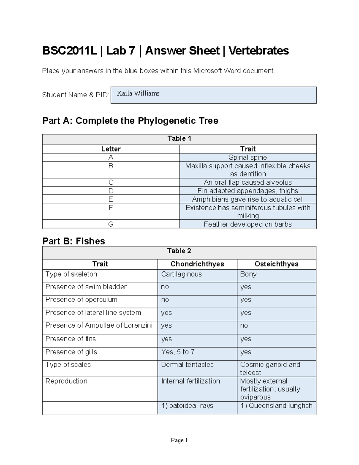 BSC2011L Lab 7 Answer Sheet: Vertebrate Classification and Traits - Studocu