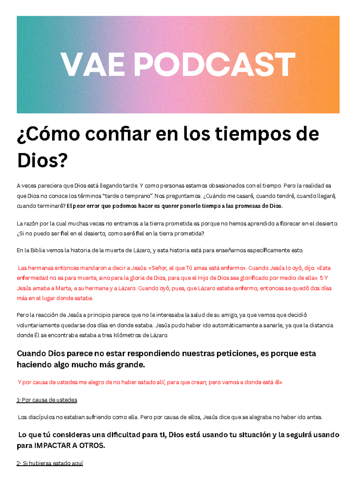 VAE PODCAST: Confiar en los Tiempos de Dios y Su Promesa - Studocu