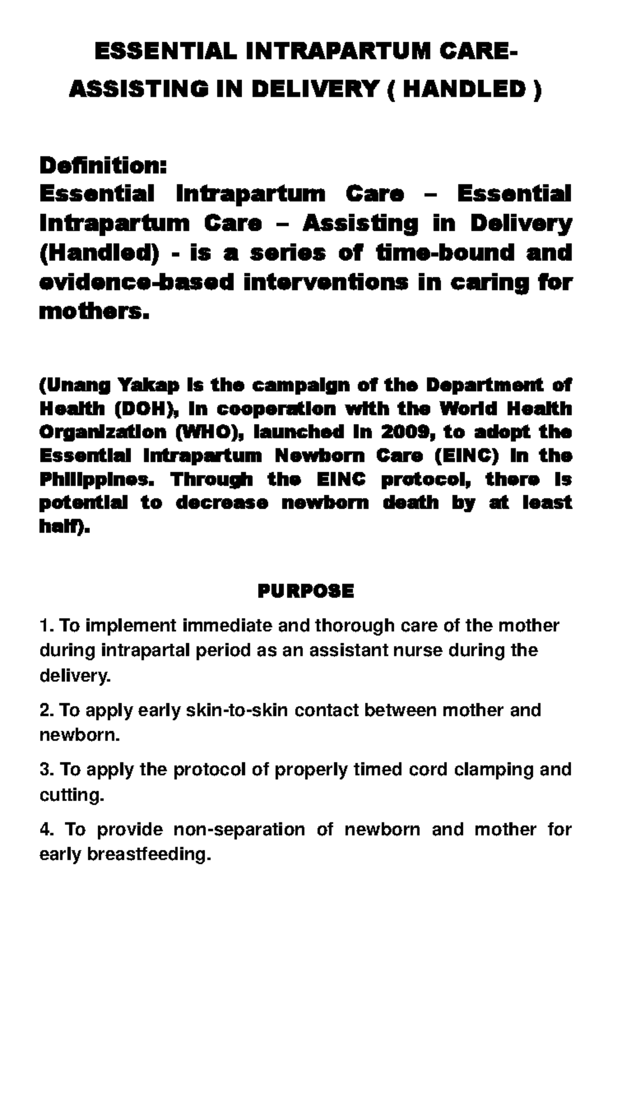ESSENTIAL INTRAPARTUM CARE: HANDLED & ASSISTED CHECKLIST - Studocu